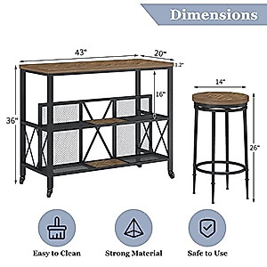 HOMYSHOPY Bar Table and Chairs Set, Modern Counter Height Dining Table Set for 2, Farmhouse Pub Table Dining Room Set with Storage for Kitchen(Brown Wood)
