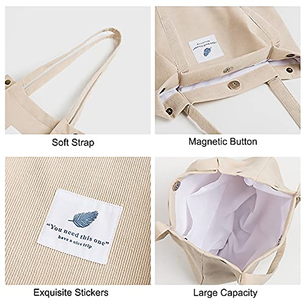 ALUWU Corduroy Tote Bag for Women Girl Casual Work Canvas Shoulder Handbags Cute Purse Black