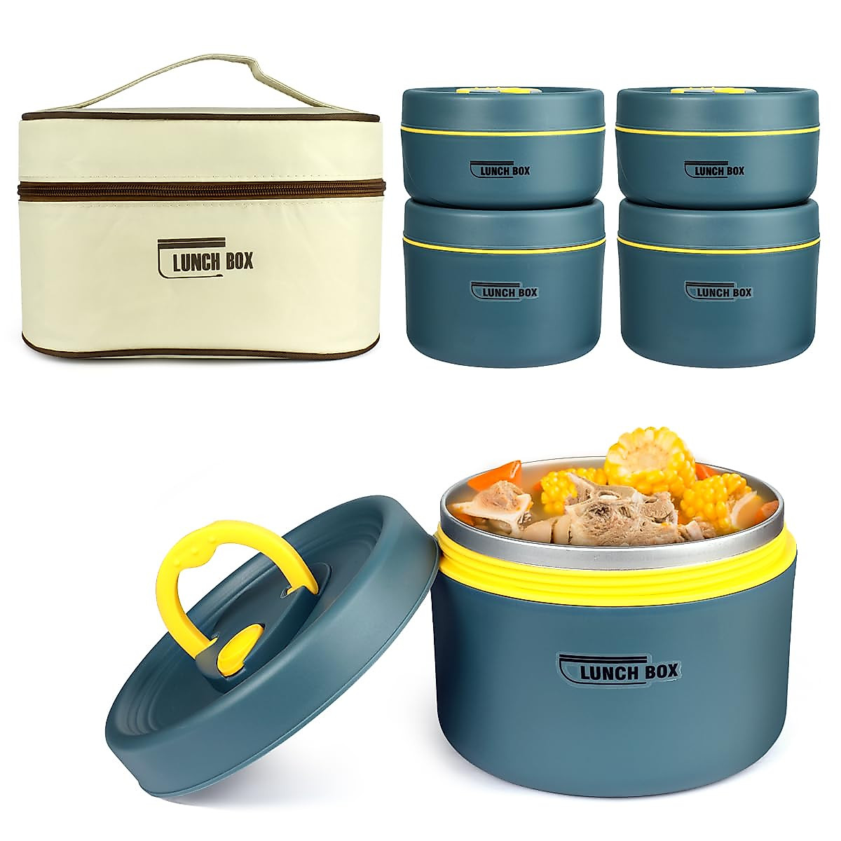 Keweis Bento Box Adult Lunch Box Set, Portable Insulated Lunch Containers with Thermal Bag, Stackable Stainless Steel Leakproof Food Containers for Adults Teens Kids, Set of 4, 68 Oz