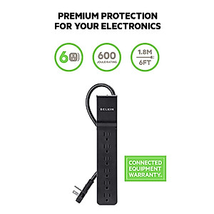 Belkin 12-Outlet Power Strip Surge Protector, Flat Plug, 10ft Cord (4156 Joules), Gray & 6-Outlet Power Strip Surge Protector, Flat Rotating Plug, 6ft Cord (600 Joules)