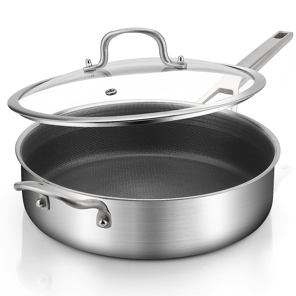 Saute Pan with Lid 5 Quarts,12.5 Inch 18/10 Tri-Ply Nonsitck Large Frying Pan, Up to 600℉ Full Clad Stainless Steel 3 Layer Deep Frying Pan with Stay Cool Handle, Dishwasher and Metal Utensil Safe
