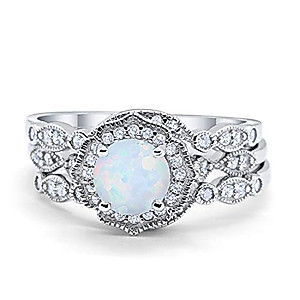Blue Apple Co. Hao Three Piece Wedding Engagement Bridal Set Art Deco Ring Band Solid Lab White Opal 925 Sterling Silver, Size-6