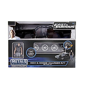 Jada Toys Fast & Furious Dom & Dodge Charger R/T, 1:24 Scale Build n' Collect Die-Cast Model Kit with 2.75" Die-Cast Figure, Black