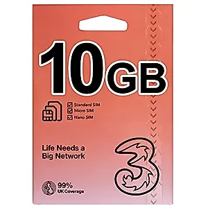 Three Europe Prepaid SIM Card - 10GB Data + Unlimited Calls and Texts in UK, 12GB Free Roaming in 73 Destinations, Valid for 30 Days, Standard/Micro/Nano for iPhone and Android