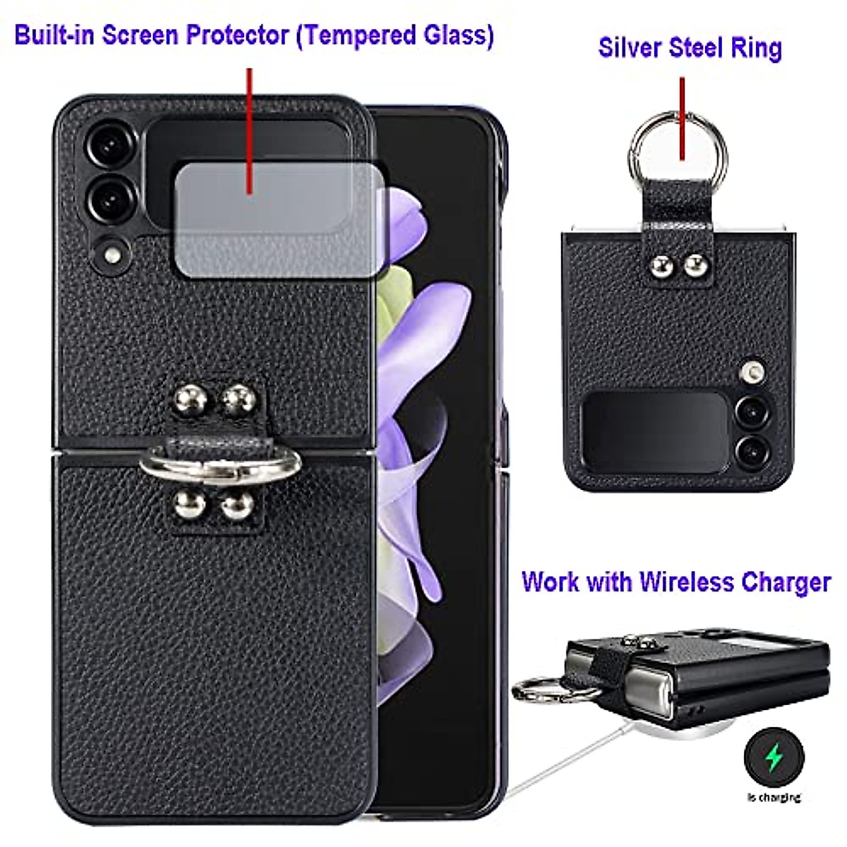 Vitodo for Galaxy Z Flip 4 Case with Ring Holder, Genuine Leather Material Built-in Back Screen Protector Shockproof Protective Phone Cover Slim fit for Samsung Galaxy Z Flip4 5g (2022) - Black