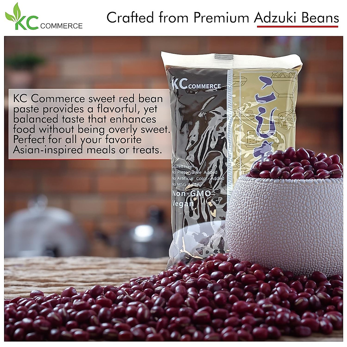 KC Commerce Sweetened Red Bean Paste - Adzuki Beans, Japanese Mochi Rice Cake Sweets Anko, Mashed TSUBUAN, VEGAN & GLUTEN-FREE, NO PRESERVATIVE, NO-MSG, NON-GMO, 14.11oz