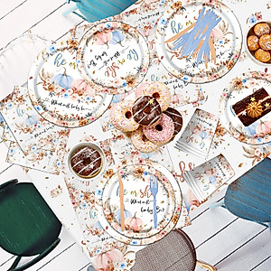 Pumpkin Gender Reveal Decorations Tableware, 142 Pcs Fall Gender Reveal Decorations includes He Or She What Will Our Pumpkin Be Plates and Fall Napkins, Pumpkin Gender Reveal for Fall Baby Shower