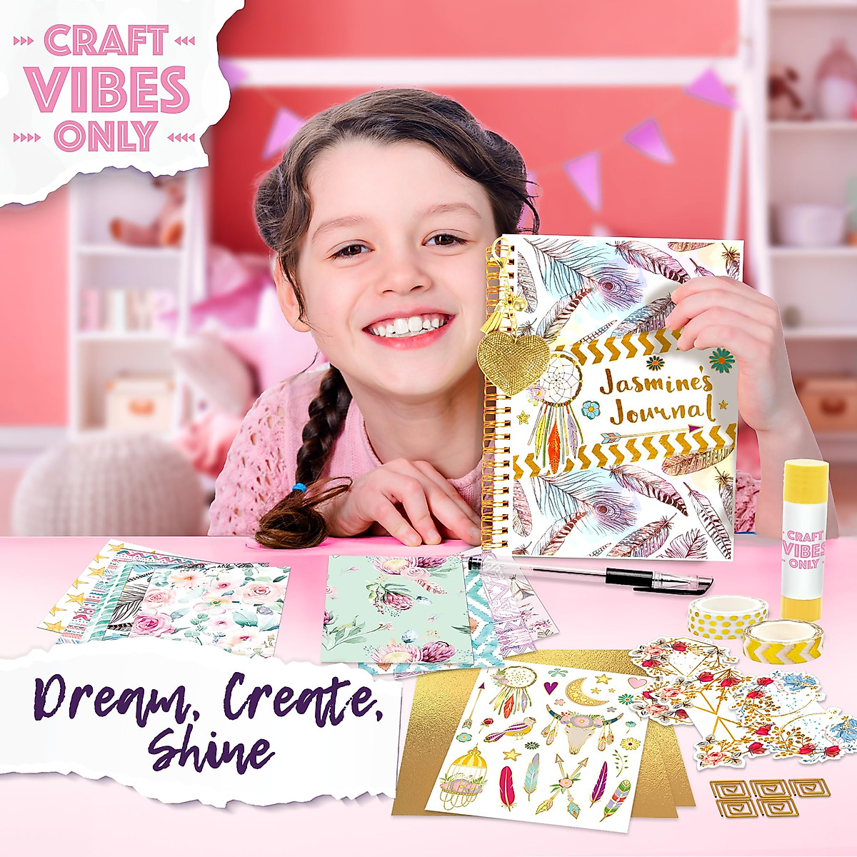 Good Vibes Journal DIY Set by Craft Vibes Only – Personalized Diary - Custom Journals for Girls - Creative Writing Scrapbook Kit - Customize Your Notebook - Pen Included! - Ages 8 & Up