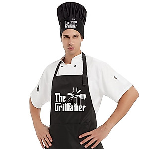 DYJYBMY The Grillfather Chef Hat and Apron Set, Funny Cooking Grilling Apron Gift for Men Woman Dad Mom, Gift for Dad Husband Boyfriend Chef, Adjustable Size