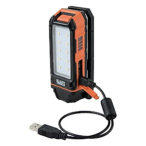 Klein Tools 56403 LED Light, Rechargeable Flashlight / Worklight with Kickstand and Carabiner, Charges Small Electronics, for Work, Camping