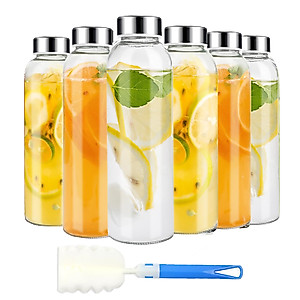 NIKKIER Clear Glass Bottles with Lids 6pcs Set 18oz,Reusable Glass Water Bottle with Stainless Steel Cap, 100% Leak Proof,Can be Used for Fruit Juice, Tea, Water, etc