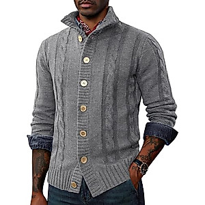 Mens Stand Collar Cardigan Button Down Slim Fit Cable Knitted Sweater Gray 2XL
