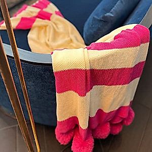 Knit Pink Throw Blankets for Couch- 50x60 Inches , Reversible Woven Cotton Striped Soft Throw Blanket for Bed with Pom Pink & Cream Full