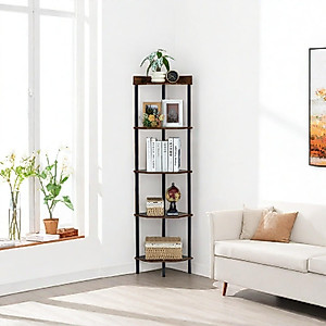 Corner Shelf Stand, Tall Corner Book Shelf Industrial 5 Tier Corner Display Rack Multipurpose Shelving Unit Corner Bookcase for Small Spaces Living Room Bedroom Home Office (Rustic Brown-5-Tier)