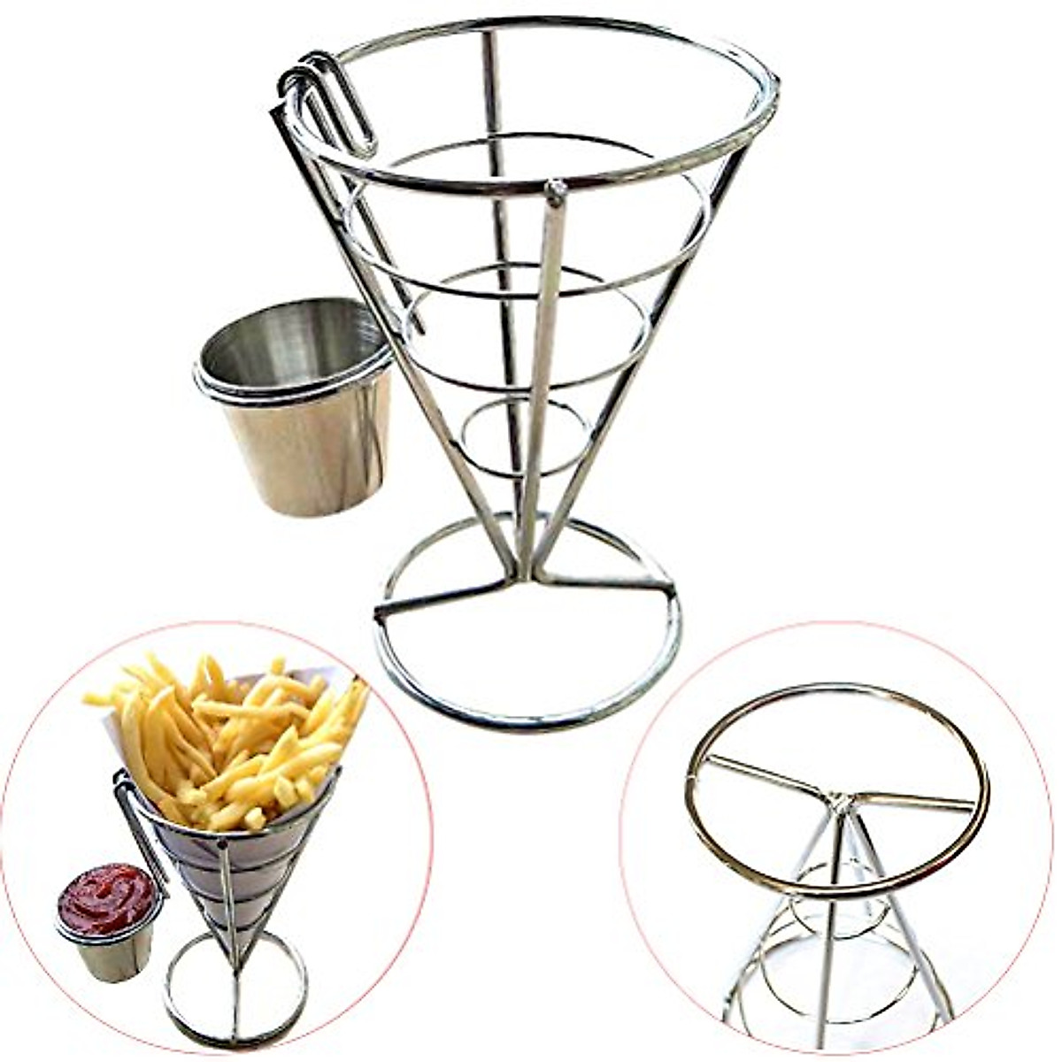 BESTonZON 2PCS French Fry Stand Cone Basket French Fry Chips Cone Metal Wire Basket with Sauce Dippers for Home Parties/Backyard Picnics/Outdoor Events/Appetizers