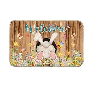 Easter Door Mat, Happy Easter Welcome Mats Outdoor for Front Door, Easter Bunny Eggs Non Slip Farmhouse Doormat Indoor Entryway Floor Rug for Outside Entry Home Decor 17”x29”