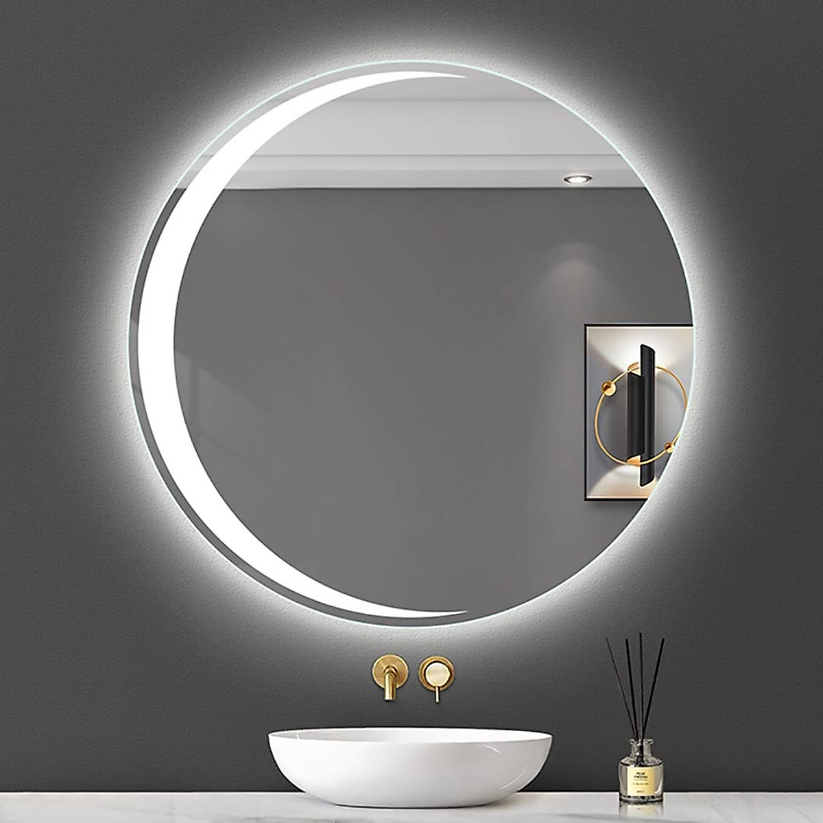 LKP Round Mirror with LED Lights, Circle Wall Mounted Bathroom Mirror LED Illuminated Vanity Mirror White Ligh/Warm Light Round 19inch 23inch 27inch 31inch