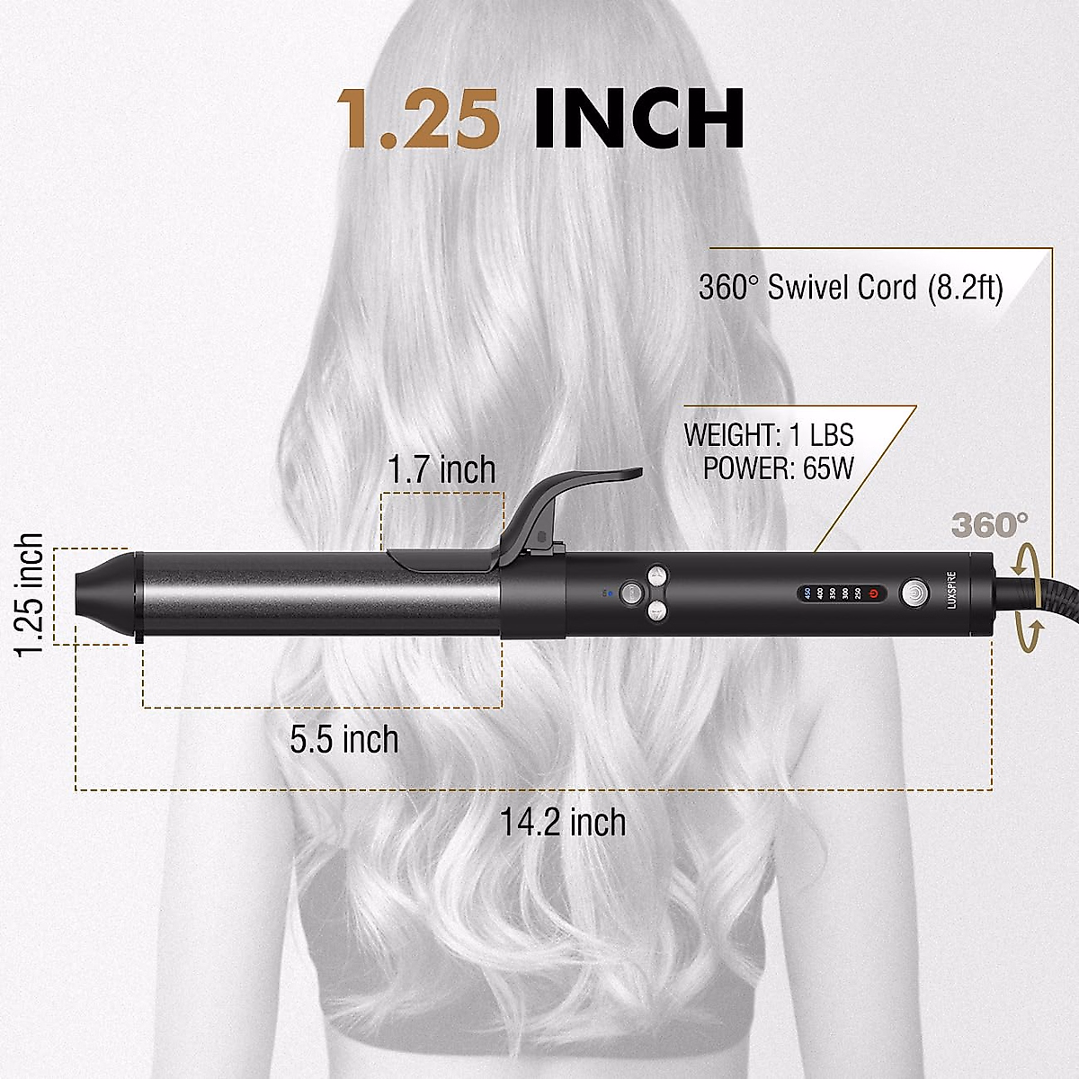 Luxspire Rotating Curling Iron, 1 1/4 inch Automatic Curling Iron Instant Heat Ionic Curling Iron with Long Titanium Barrel for Long Hair, Professional Self Curling Wand Hair Curler, Black