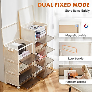 Sweetcrispy 4 Tier Stackable Plastic Storage Bins with Lid - 23QT Foldable Organizers and Storage with Magnetic Doors & Lockable Wheels, Collapsible Storage Boxes for Living Room, Office, Dorm