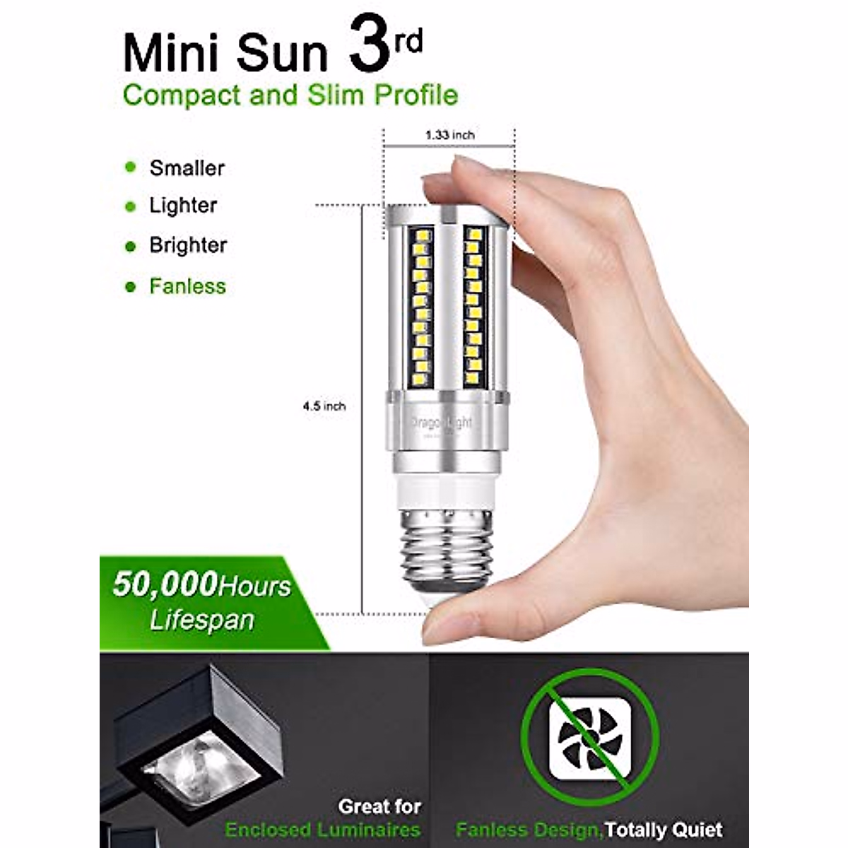 DragonLight 15W Super Bright LED Corn Light Bulbs Fanless(150 Watt Equivalent) - 6000K Daylight 1,800 Lumens E26 Base for Residential and Commercial Lighting - Garage Porch Office, Pack of 4