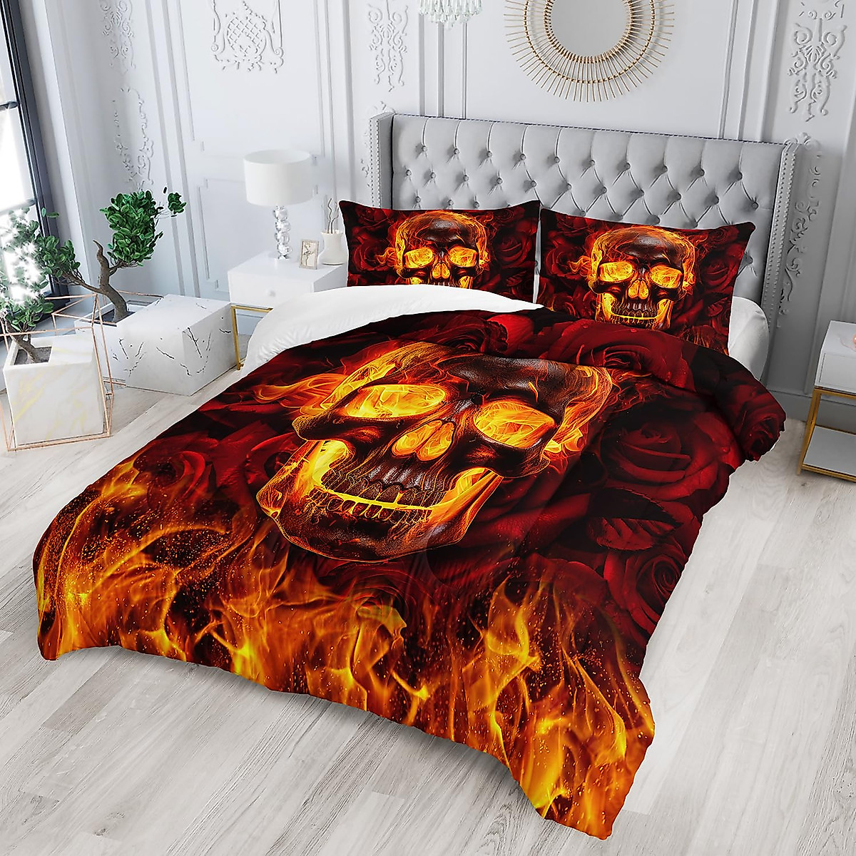 AILONEN Sugar Skull Comforter Set Twin Size,Red and Black Fire Skull Bedding Set,Romantic Red Rose Gothic Skeleton Comforter with 2 Pillowcases,3-Piece