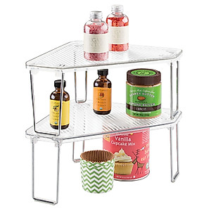 mDesign Plastic/Steel Freestanding Foldable Corner Stackable Organizer Shelf for Kitchen, Counter, Pantry, Cabinet Storage, Holds Plates, Dishes, Ligne Collection, 2 Pack - Clear