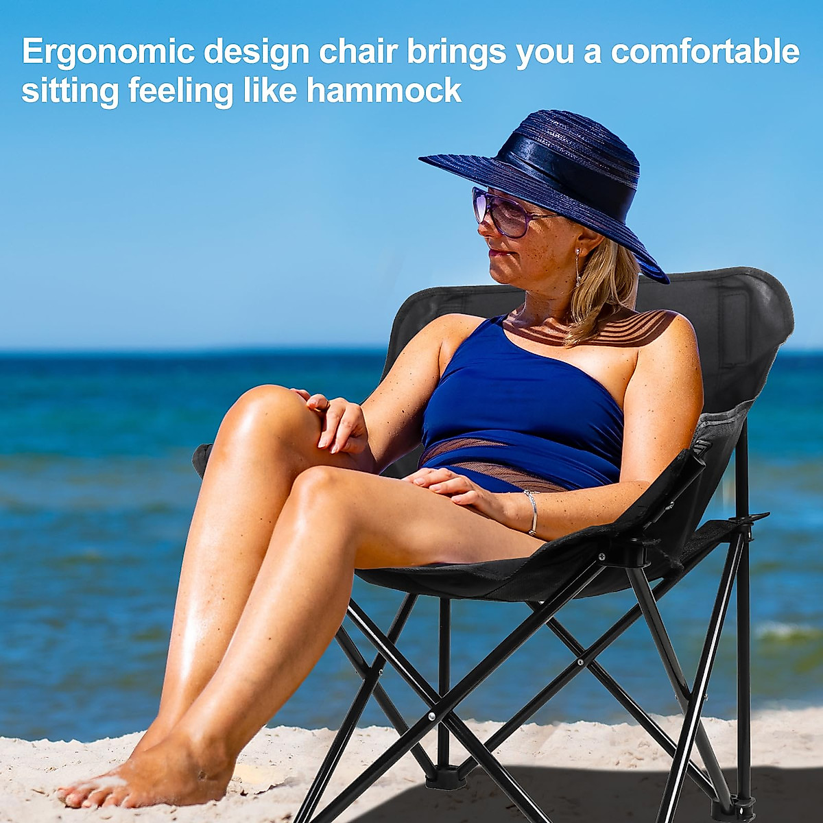 Portable Folding Camping Chair for Outside, Lightweight Outdoor Chairs Support 440lbs for Backyard Lawn Beach Camp Chairs, Black