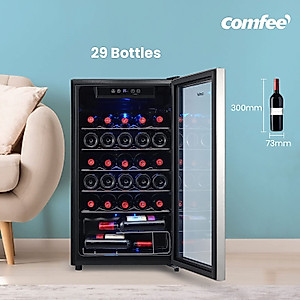 COMFEE' CRW29S3AST Freestanding Wine Cellar, 29 Bottle Wine Cooler Refrigerators, Quiet Operation Compressor, Glass Door Stainless Steel Frame For Red&White Wine&Beer,Black