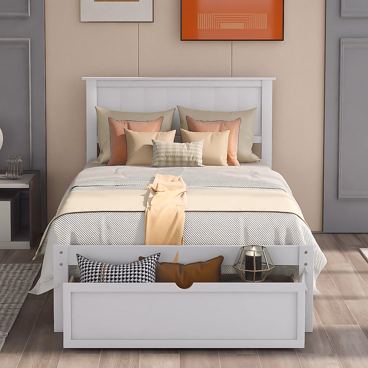 Merax Twin Bed Frames, Wood Twin Platform Bed Frame with Storage Drawer, Twin Kids Bed with Headboard for Girls Boys, No Box Spring Needed,White