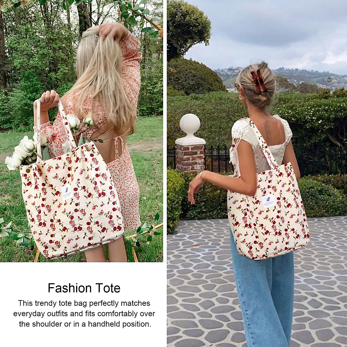 Corduroy Tote Bag for Women,Travel Reusable Grocery Shopping Shoulder Bag with Inner Pocket for Work Beach Travel and Shopping Grocery(Beige, Rose)