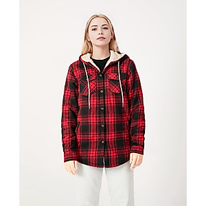 ThCreasa Flannel Shirt Jacket Women with Hood, Buffalo Plaid Sherpa Fleece Lined Button Up Hooded Flannel Jacket Women Red M