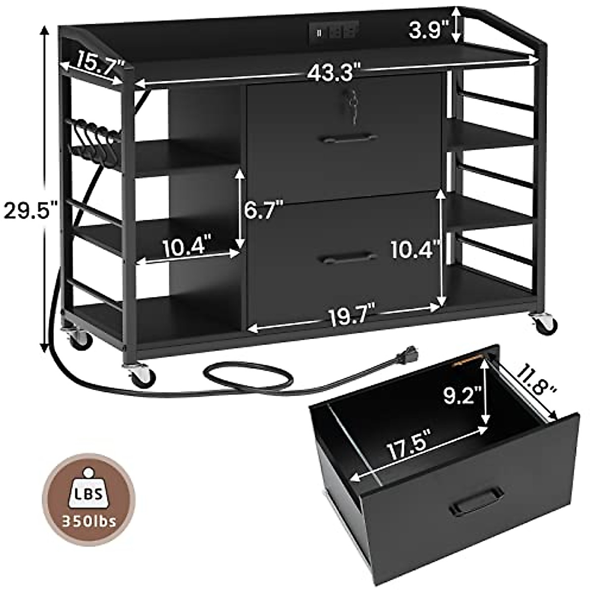 SEDETA 44" File Cabinet, Filing Cabinet fits Legal/Letter Size, 2 Drawer File Cabinets for Home Office with Lock, Power Strip, 6 Storage Shelves, Rustic Brown