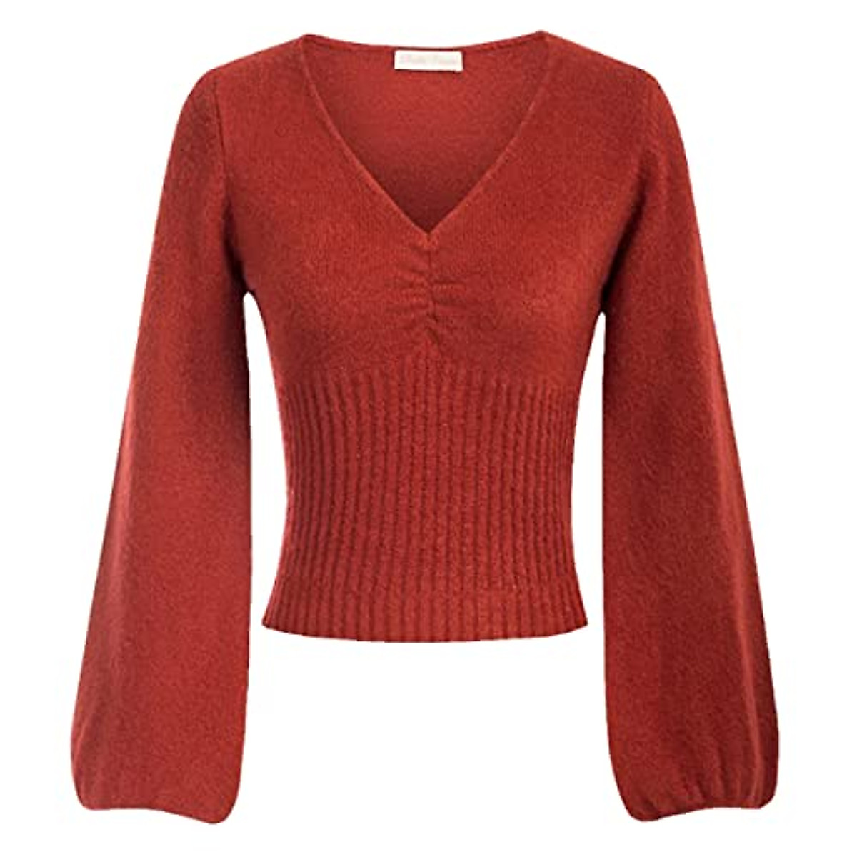 Ladies Knitted Sweater Cropped Top Retro Lantern Long Sleeve Sweater Deep V Neck Pullover Carnelian L
