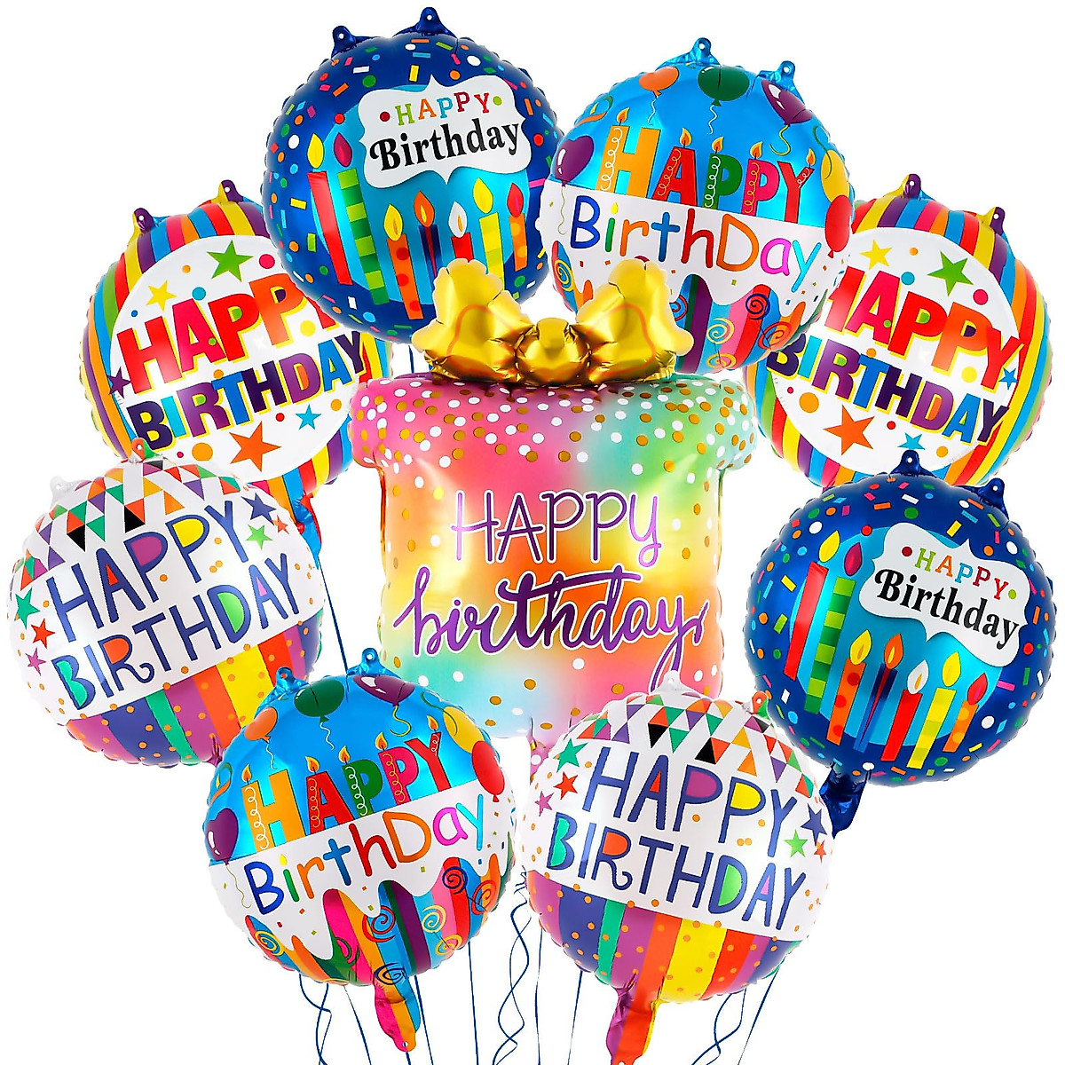 9 Pcs Happy Birthday Balloons, Round Foil Birthday Balloon Birthday Party Decorations, Large Birthday Mylar Balloon Birthday Gift Box Balloons for Kids Birthday Baby Shower Decorations