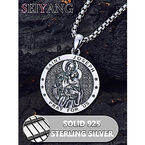 Seiyang St Joseph Necklace for Men 925 Sterling Silver Saint Joseph Medal Pendant Patron Amulet Joseph Medallion Jewelry Protection Gift for Women Father Son