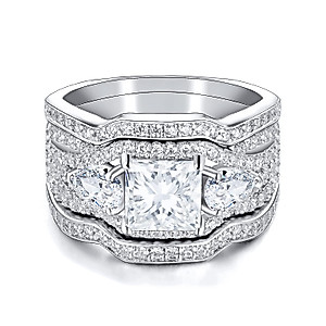 MDFUN Three-In-One Square Wedding Engagement Ring,18K White Gold Plated Cubic Zirconia Promise Eternity Ring for Women (8)