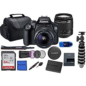 Camera EOS 4000D (Rebel T100) DSLR Camera w/EF-S 18-55mm F/3.5-5.6 Zoom Lens + Case + Sandisk 64GB Memory Card + 3pc Filter Kit + Tripod + Card Reader + Cleaning Kit (International Model)