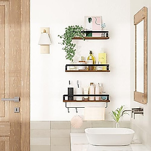 upsimples Floating Shelves, Bathroom Shelves Set of 3, Wood Wall Shelves with Removable Towel Bar, Wall Decor for Bathroom, Bedroom, Living Room, Kitchen, Dark Brown