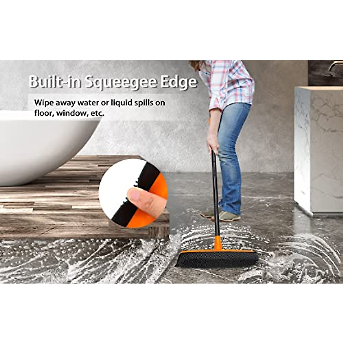 JEHONN Rubber Broom Carpet Rake for Pet Hair Remover, Fur Removal with Squeegee, Portable Detailing Brush Brush, 54 Inches Telescopic Long Handle for Fluff Carpet