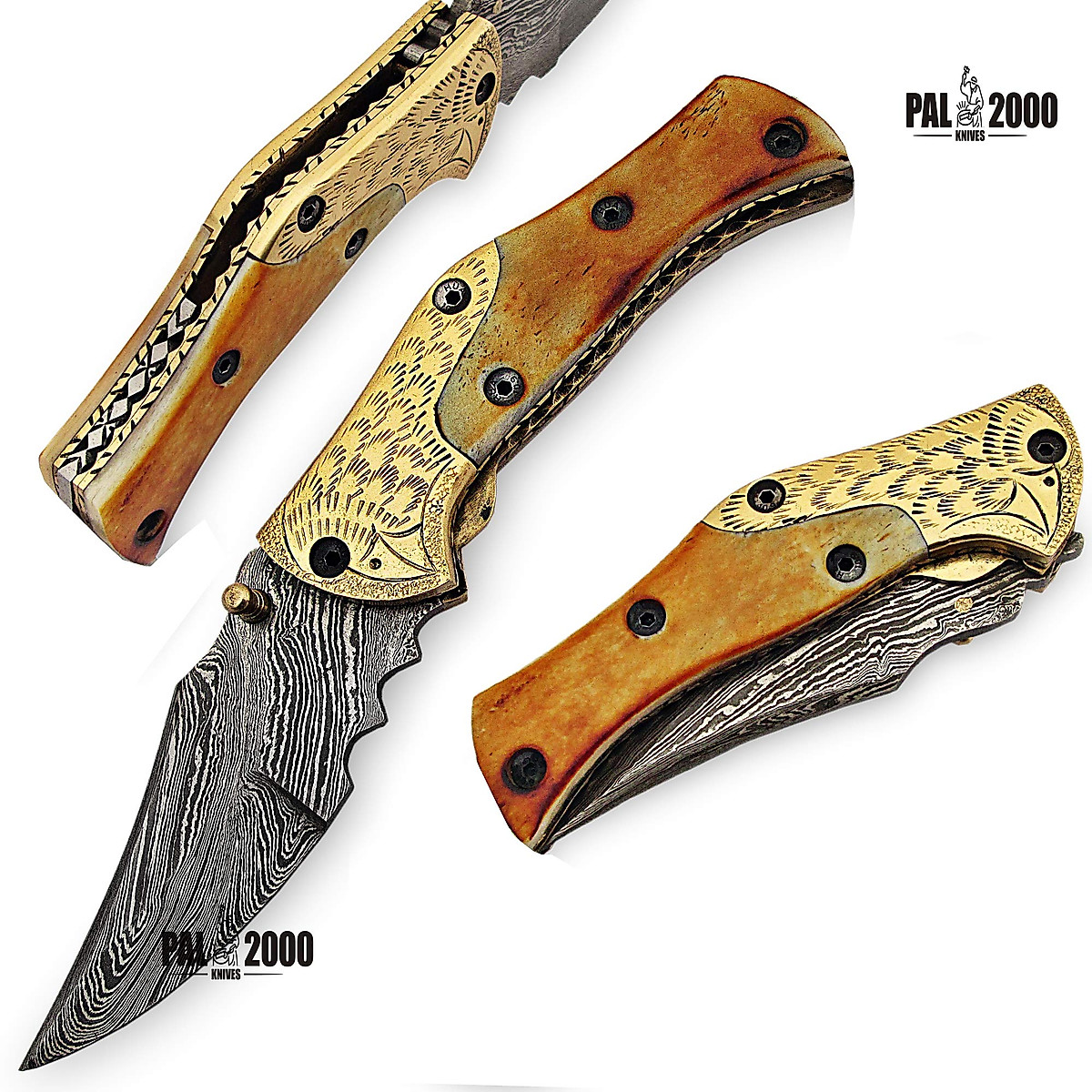 PAL 2000 HUNTING KNIVES Smpg-9863 - Damascus Folding Knife - Handmade Damascus Steel - Damascus Pocket Knife - Stained Bone Handle and Engraved Guards