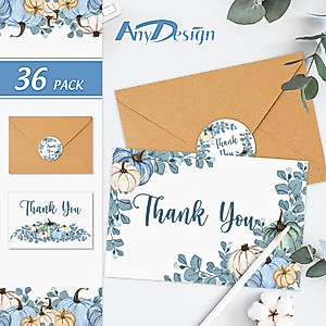 AnyDesign 36 Pack Fall Pumpkin Thank You Card Grey Blue Pumpkin Thank You Note Cards with Envelope Stickers Blue Eucalyptus Leaves Blank Cards for Fall Thanksgiving Baby Shower Wedding, 4 x 6 Inch