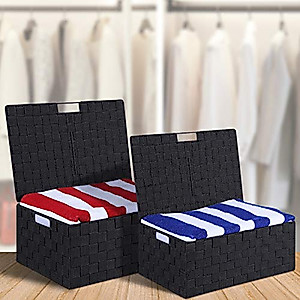 LEAVINSKY Nylon Woven Box, Woven Storage Baskets Box Bin Container, Nylon Storage Basket Box with Lid, Stackable Storage Basket Woven Strap Organizer Built-in Carry Handles (Black)