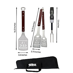 Panoware BBQ Grill Tools Set Gift for Dad, 4 Piece Set, Number 1 Dad Tongs, Spatula, Digital Thermometer and Case