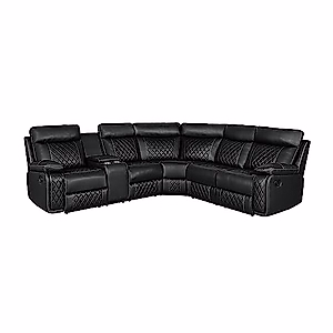 Merax, Black Home Theater Seating Manual Cup Holder, Hide-Away Storage PU Reclining Sofa Couch for Living Room