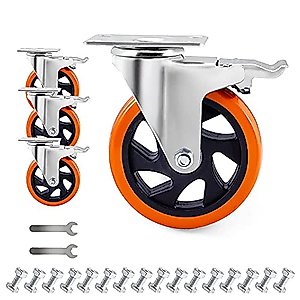 D&L 5 Inch Swivel Casters Wheels 1500lbs Heavy Duty Castors with Brake Polyurethane Dual Locking Casters Set of 4 Orange DL-I5-001
