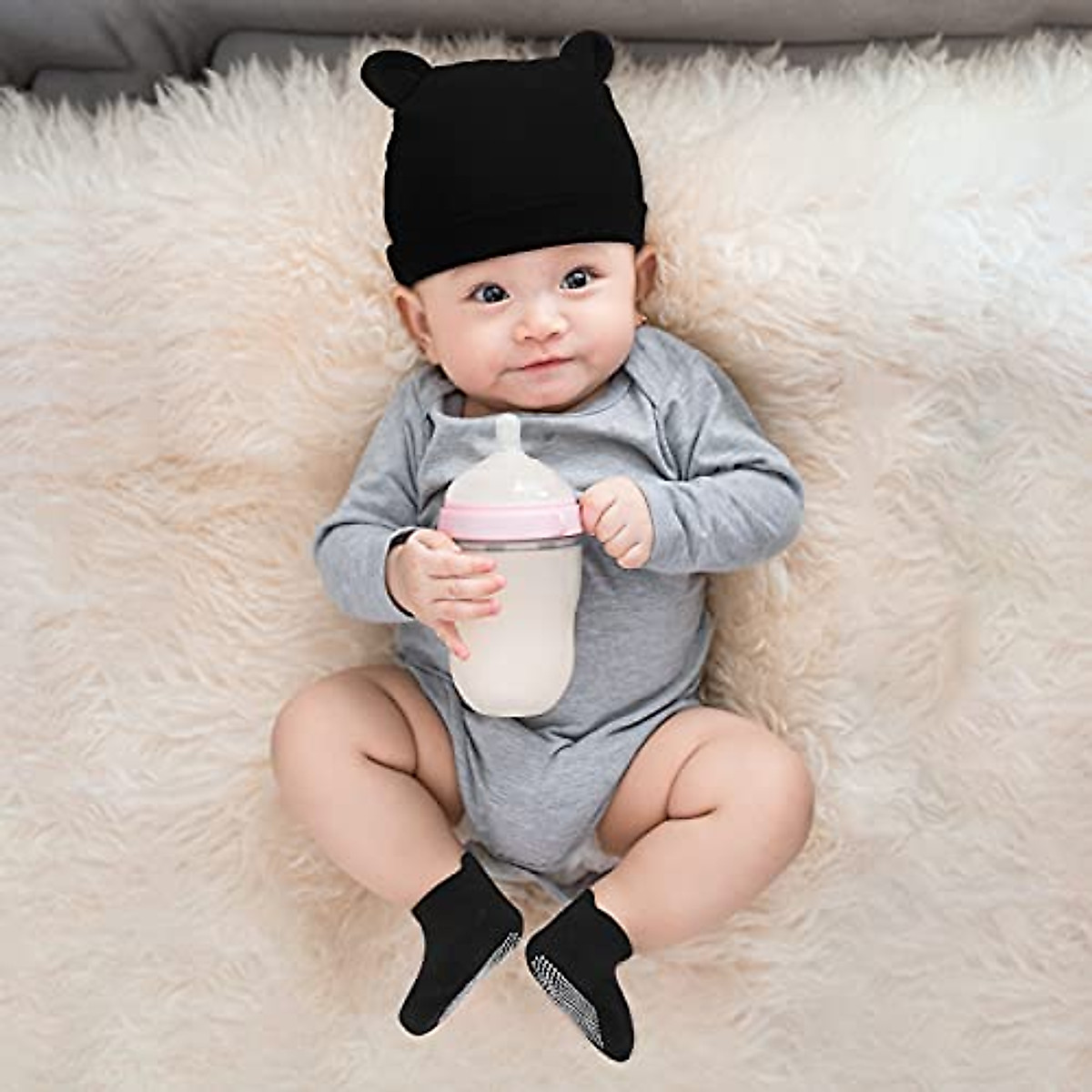 Geyoga 9 Pieces Newborn Baby Hat Mittens Sock Set Bear Ears Hat Mittens No Scratch Gloves for 0-12 Months Boy Girl(Black, Navy Blue, Gray)