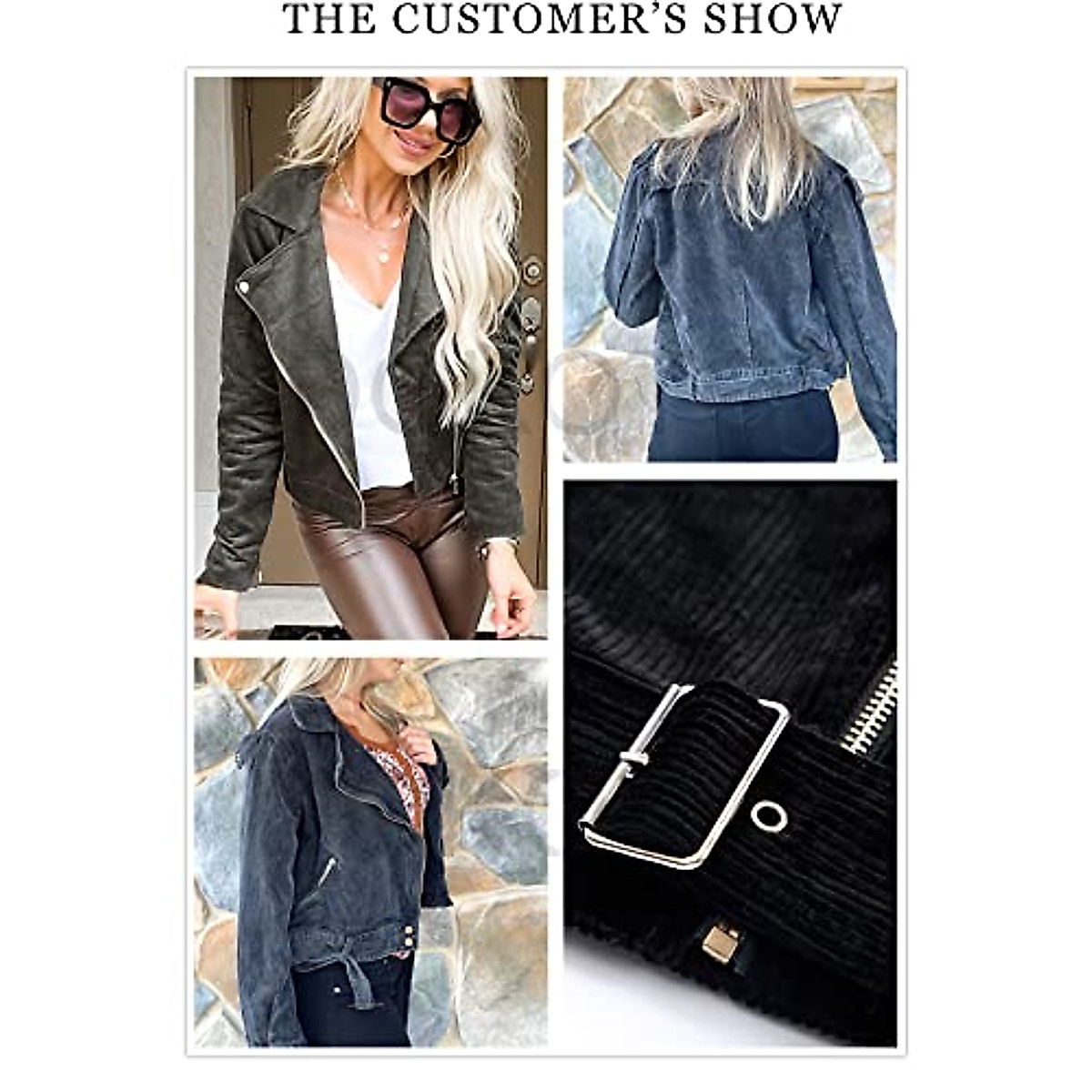 Dokotoo Motorcycle Jackets for Women Winter Fall Zip Up Collar Long Sleeve Zipper Corduroy Casual Fashion Blet Cropped Outerwear Gray Medium