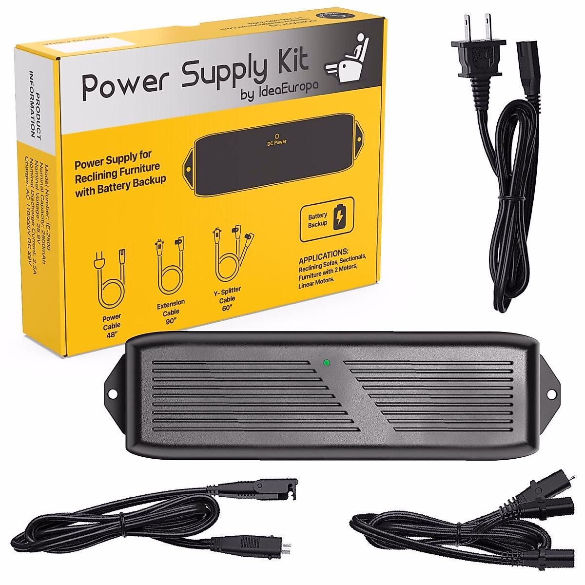 IdeaEuropa Dual Motor Power Supply Transformer Kit for Power Recliner, Sofa, Sectional or Loveseat. 29V 2A AC Power Cord Cable, Extension and Y Splitter Cable