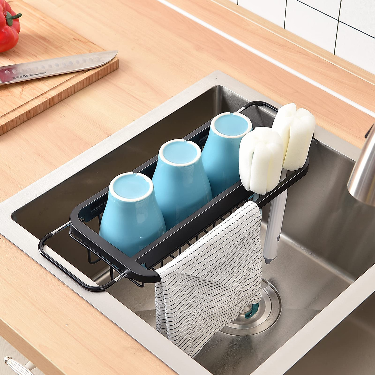 TOOLF Expandable Sink Caddy, Sink Drying Rack with Dish Towel Bar, Over The Sink Adjustable Sink Organizer for Kitchen, Rustproof Sponge Holder Organizer