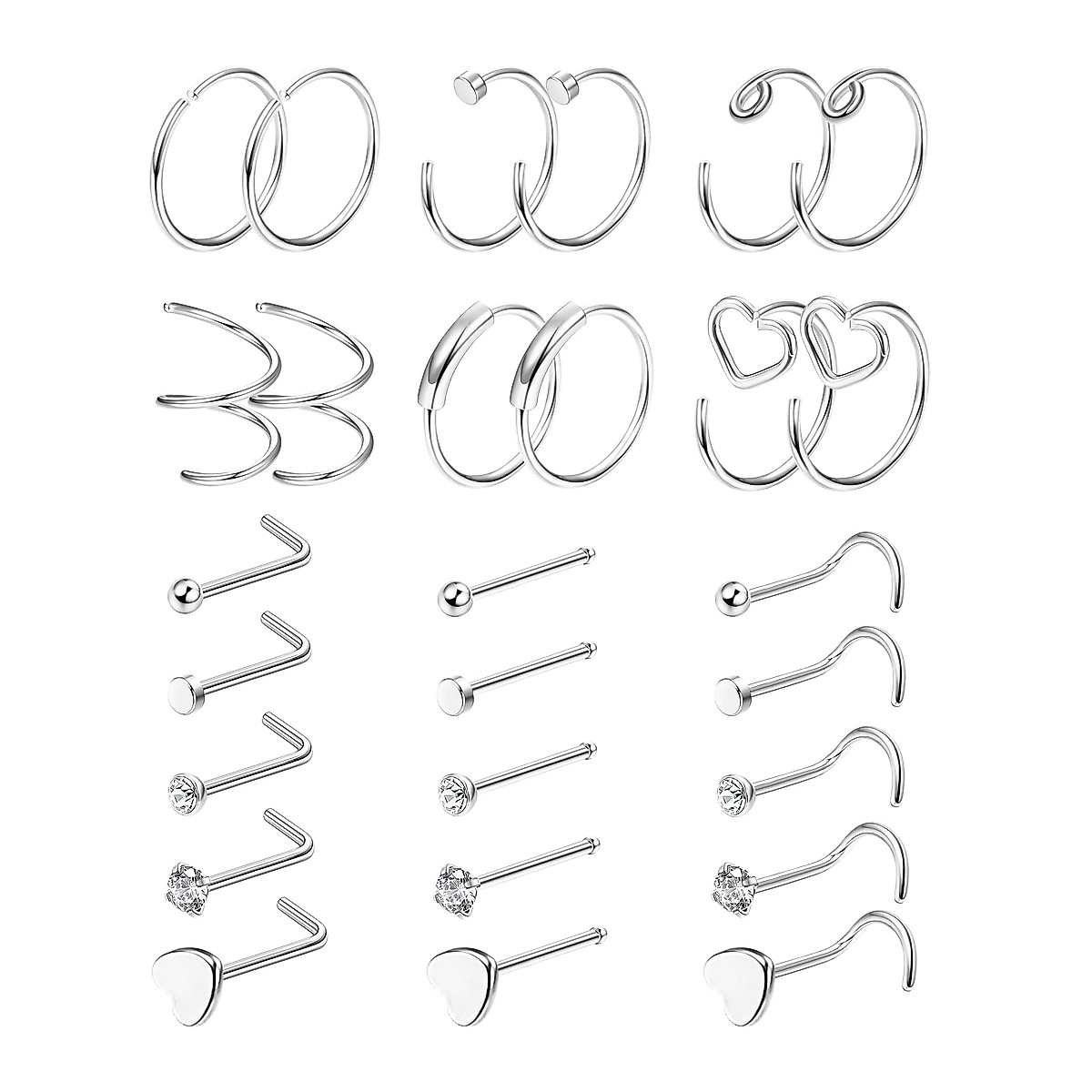 FINREZIO 27PCS 22G Surgical Steel Nose Rings Hoop Nose Studs for Women Men L Shaped Nose Rings Stud Cartilage Earrings Piercing Jewelry